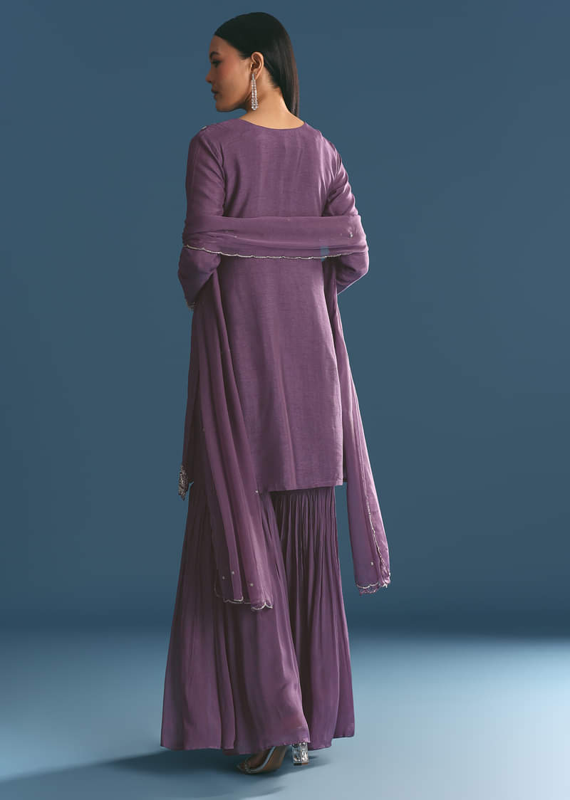 Buy Purple Silk Sequin Work Kurta Sharara With Supatta