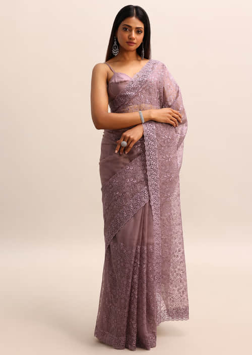 Buy Purple Organza Saree With Floral Resham Thread Work And Unstitched ...