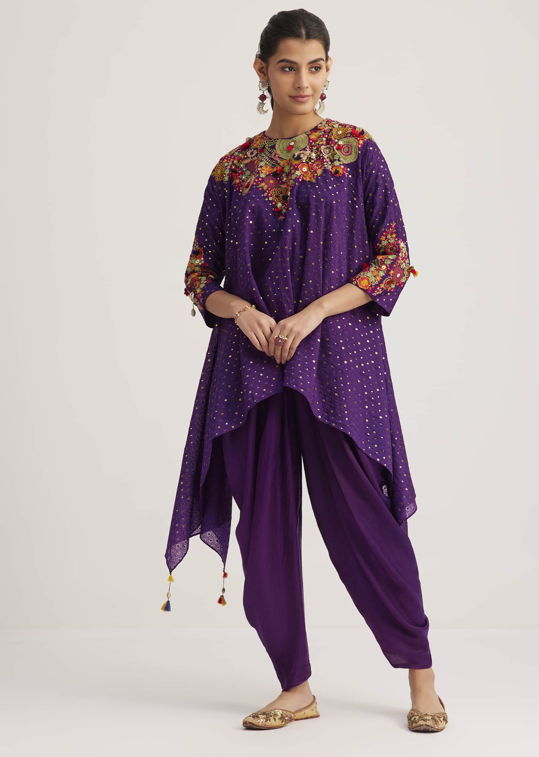 Buy Purple Silk Kurta Dhoti Set With Resham Embroidery And Tassel ...