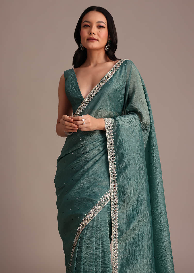 Buy Rama Green Crushed Tissue Saree With Mirror and Cutdana Embellished ...