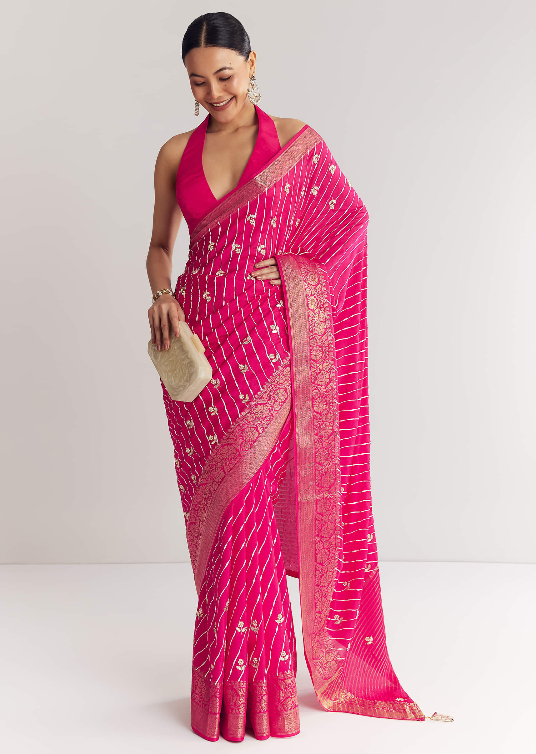 Buy Rani Pink Leheriya Print With Floral Gotapatti And Moti Embroidery ...