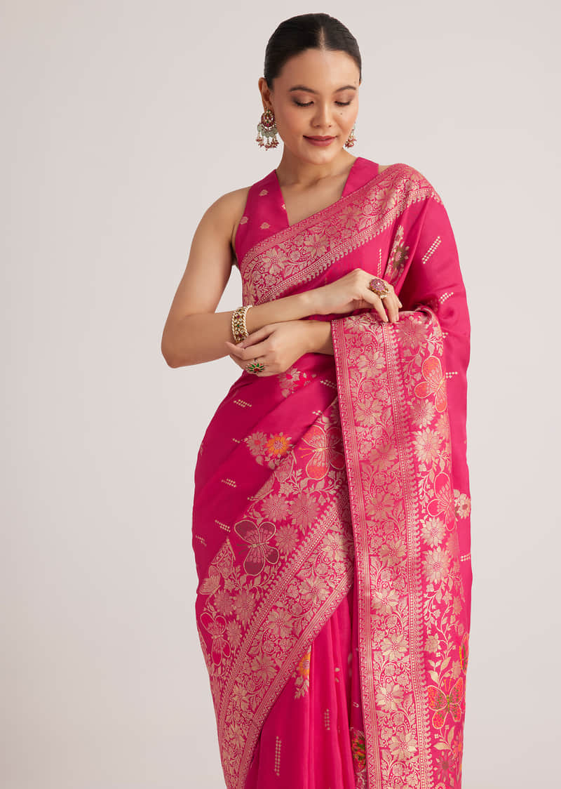 Buy Rani Pink Dola Silk Saree With Zari Woven Detailing