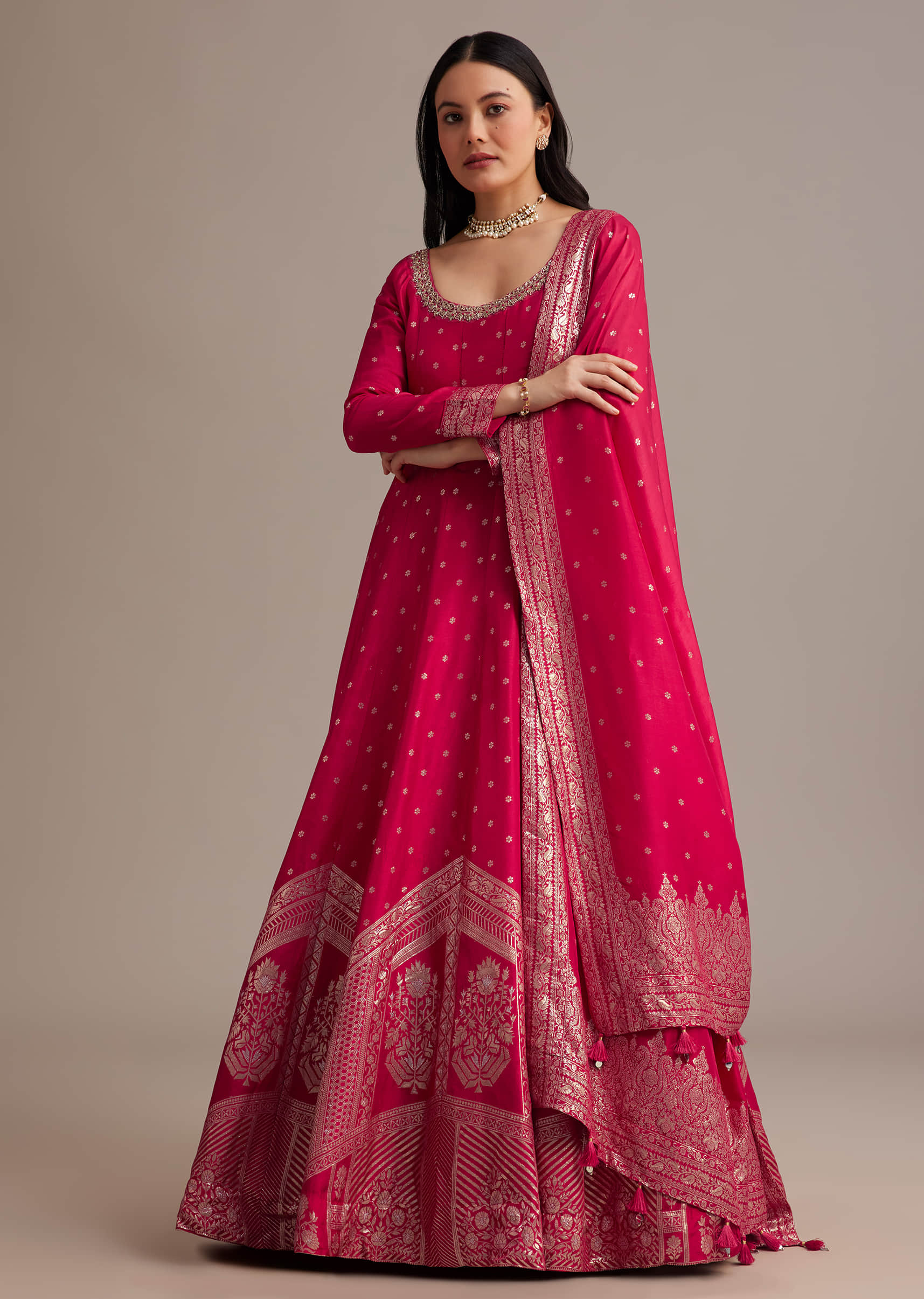 Buy Rani Pink Gold Weave Anarkali Set With Banarasi Dupatta