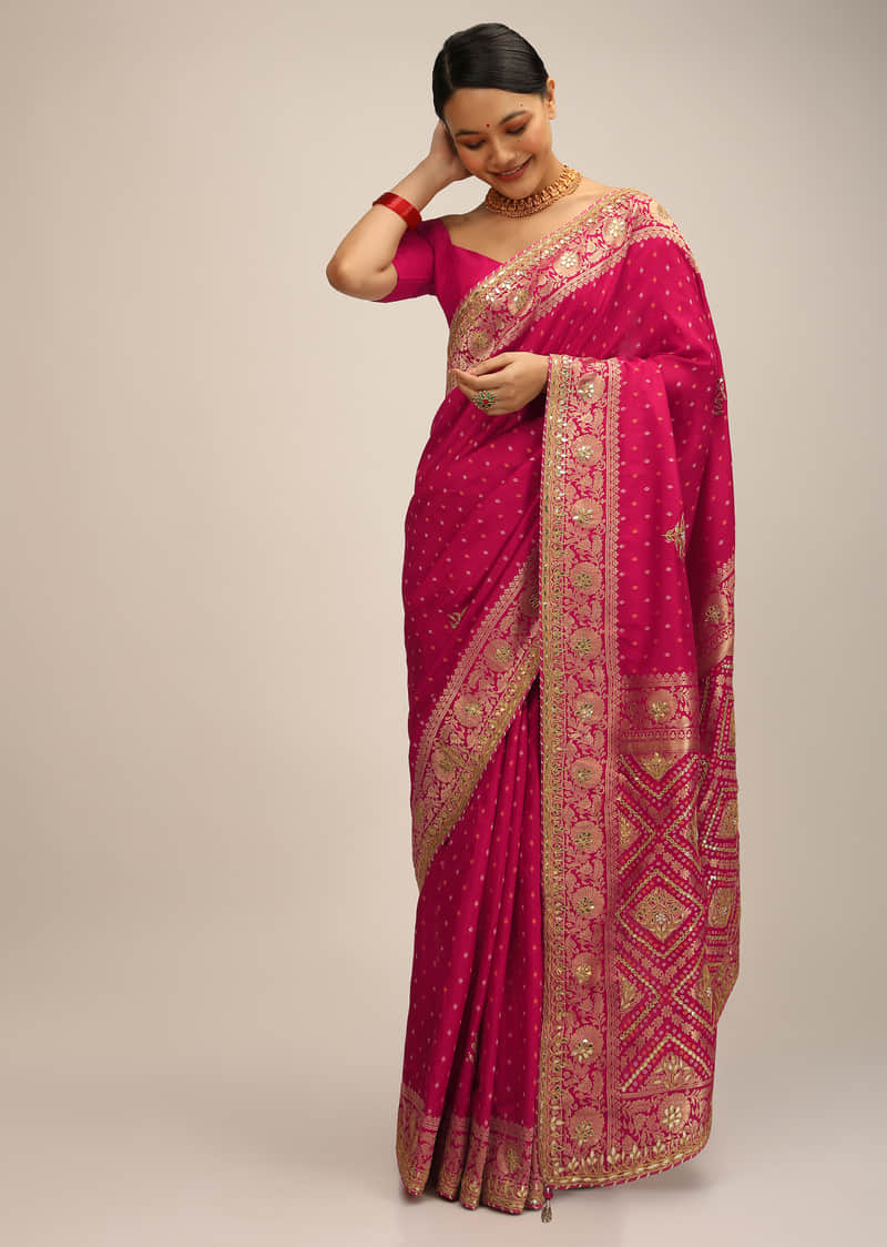 Buy Rani Pink Saree In Silk With Brocade Geometric And Floral Design On ...