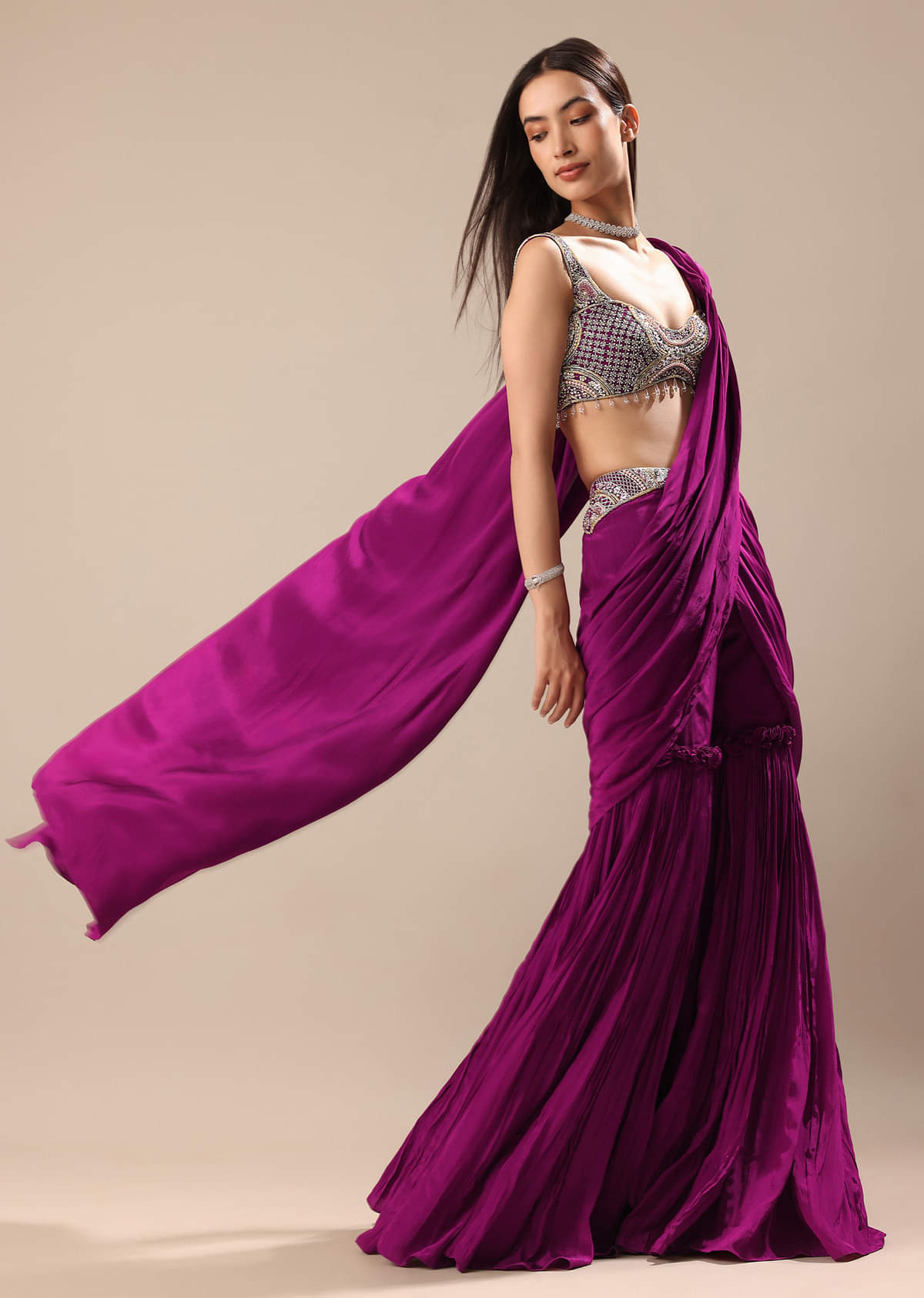 Buy Raspberry Frill Saree With Embroidered Blouse | KALKI Fashion Global