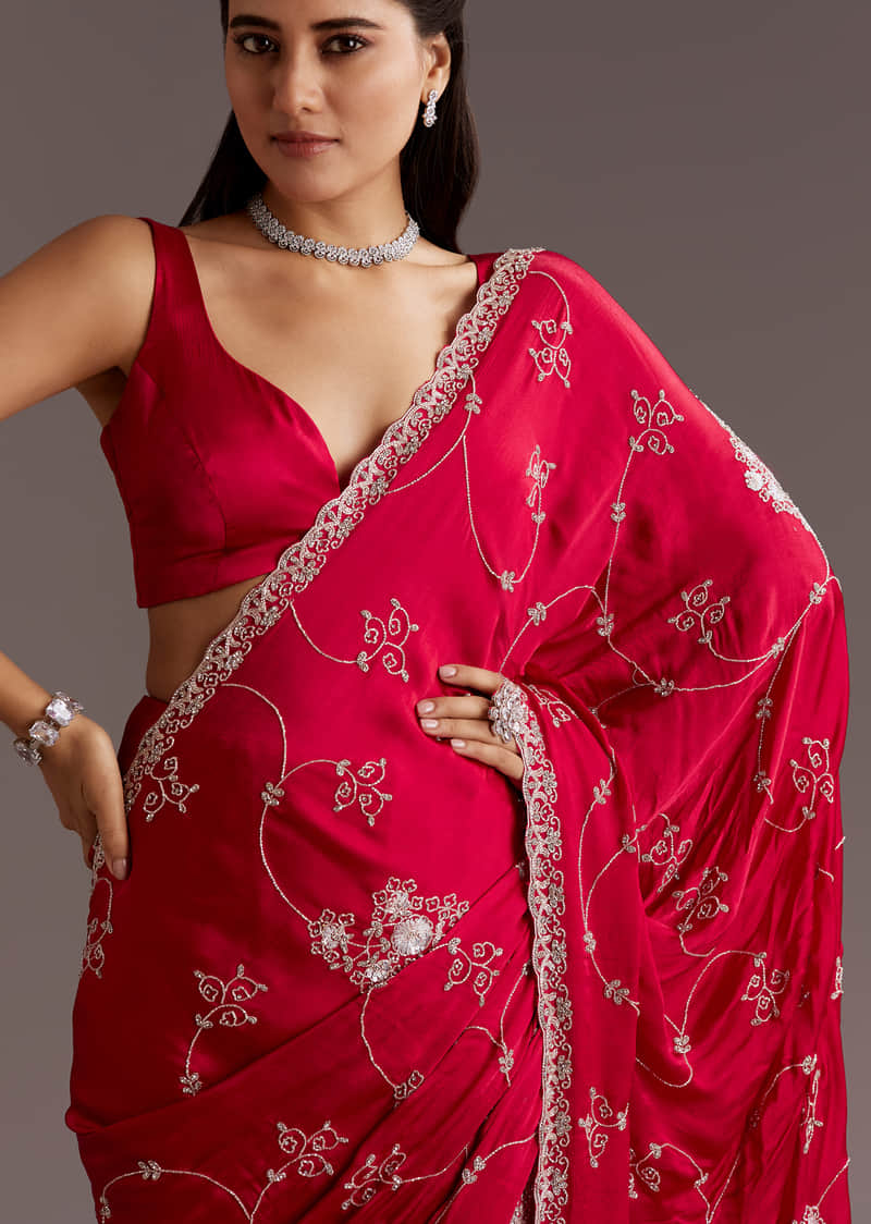 Buy Red Chinon Saree With Floral Cutdana Sequins Jaal And Scallop Border