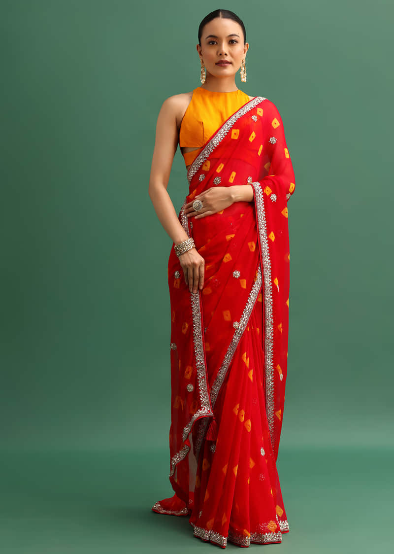 Buy Red Chiffon Bandhani Saree With Cutdana Border And Unstitched Blouse