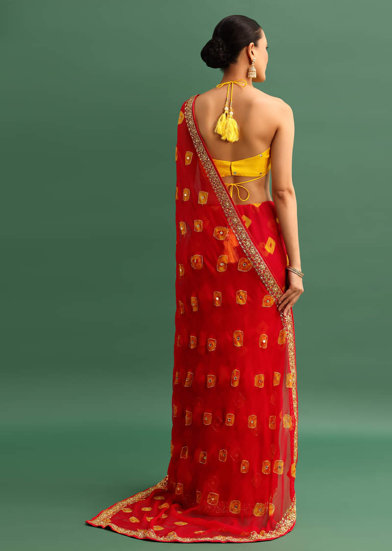 Buy Red Chiffon Bandhani Saree With Kundan Embroidered Border And Unstitched Blouse