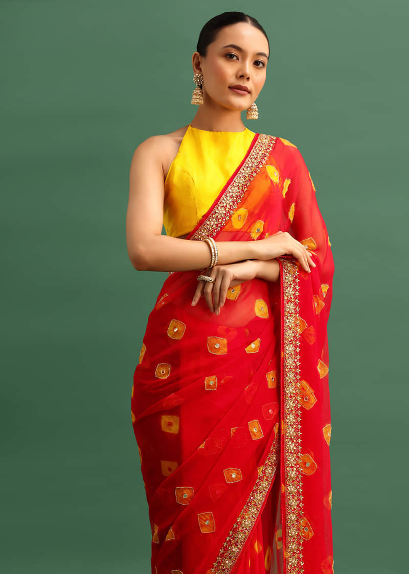 Buy Red Chiffon Bandhani Saree With Kundan Embroidered Border And Unstitched Blouse