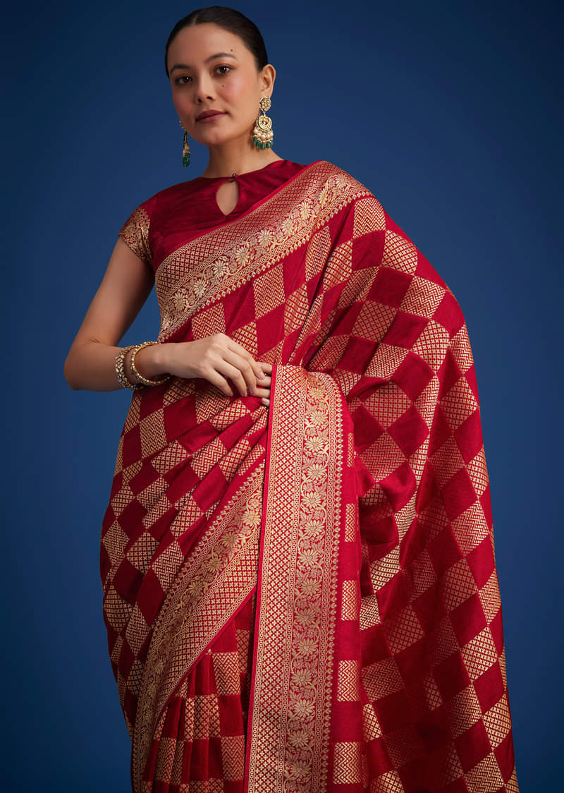 Buy Red Dola Silk Saree With Zari Checkered Design And Woven Border