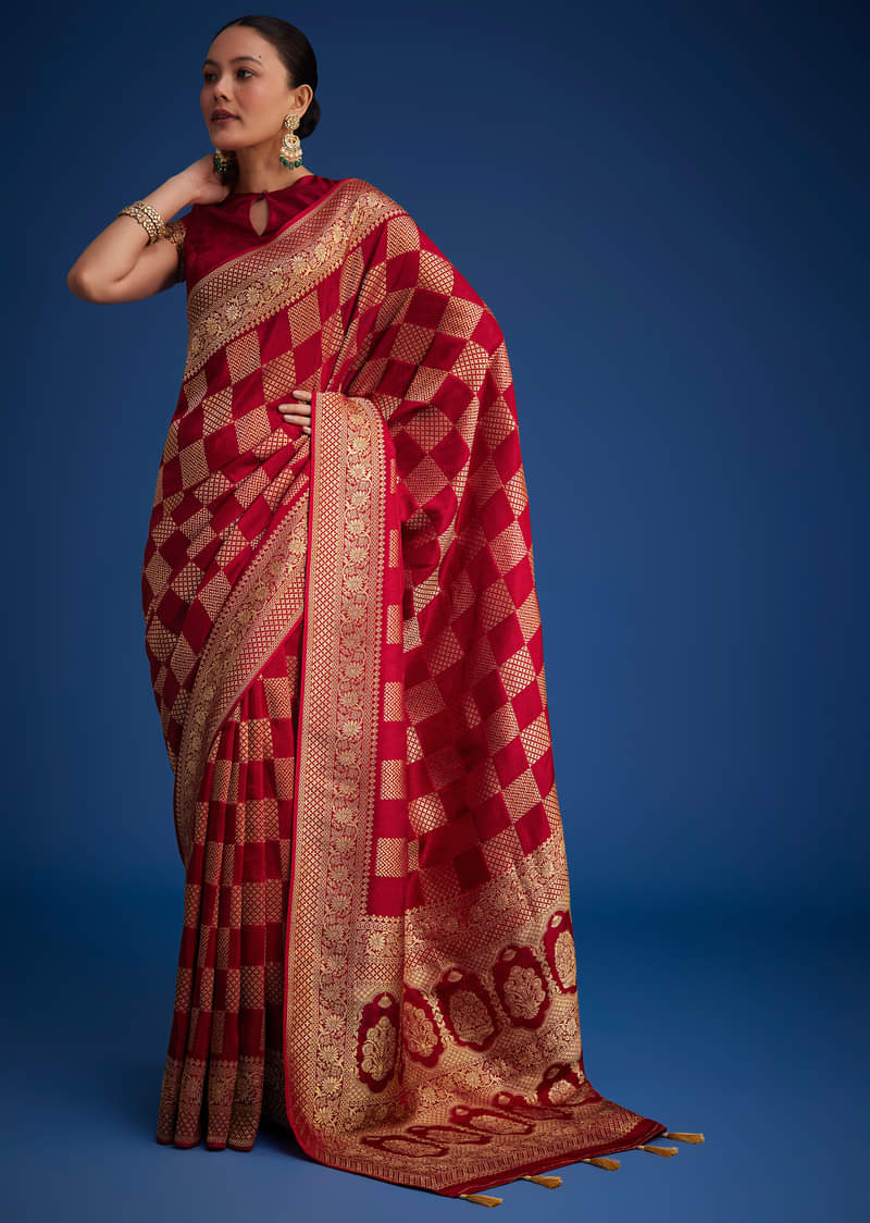 Buy Red Dola Silk Saree With Zari Checkered Design And Woven Border