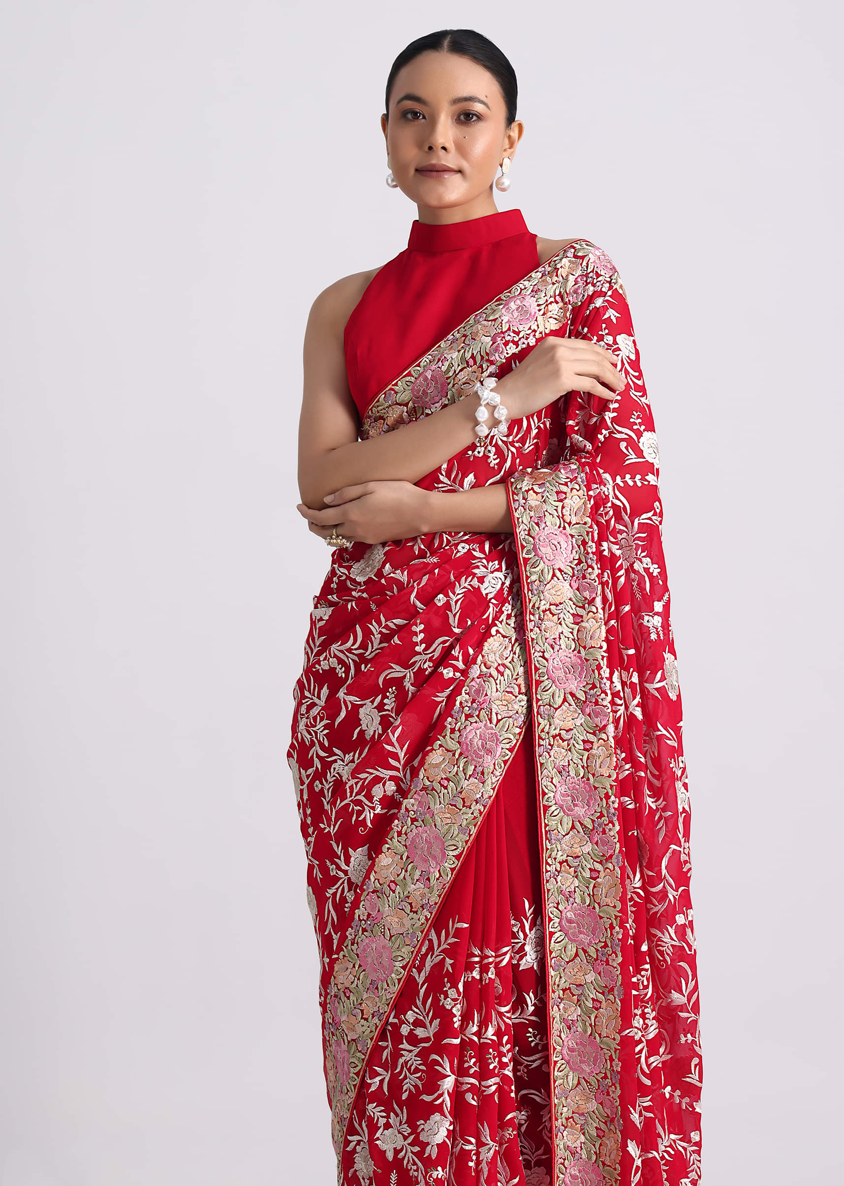 Buy Red Georgette Saree with Parsi Gara Work