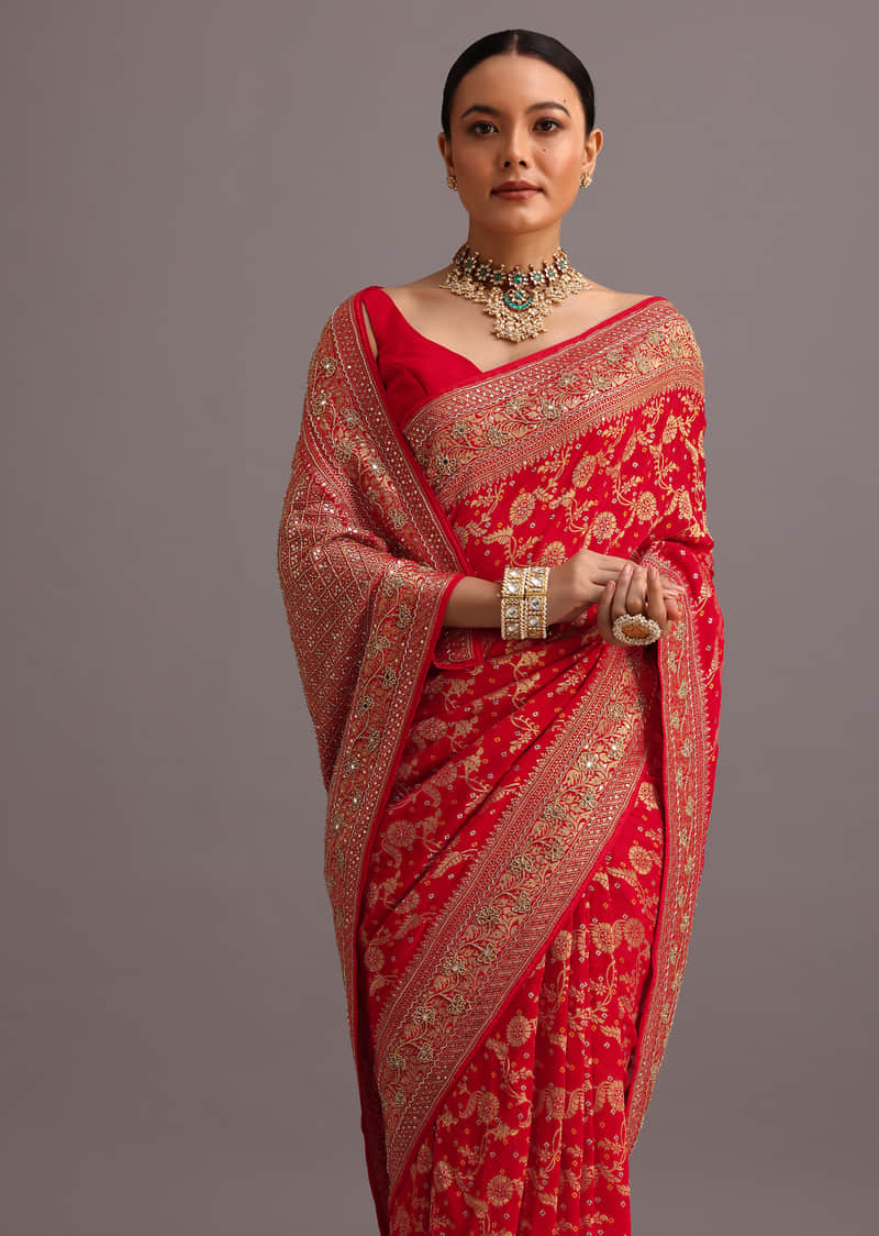 Buy Red Georgette Woven Saree With Bandhani Jaal Work | KALKI Fashion India