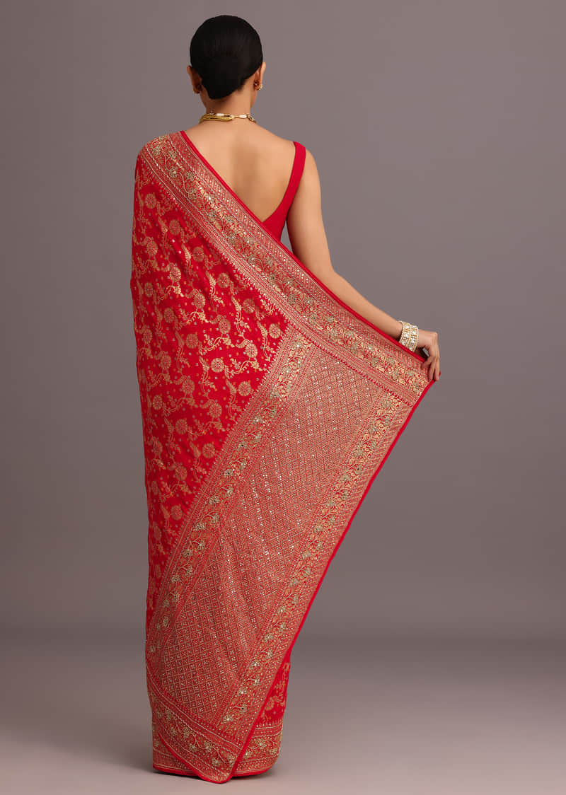 Buy Red Georgette Woven Saree With Bandhani Jaal Work | KALKI Fashion Global