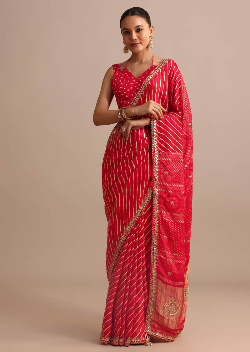 Buy Red Hand Dyed Lehriya Satin Saree With Gota Patti Work | KALKI ...