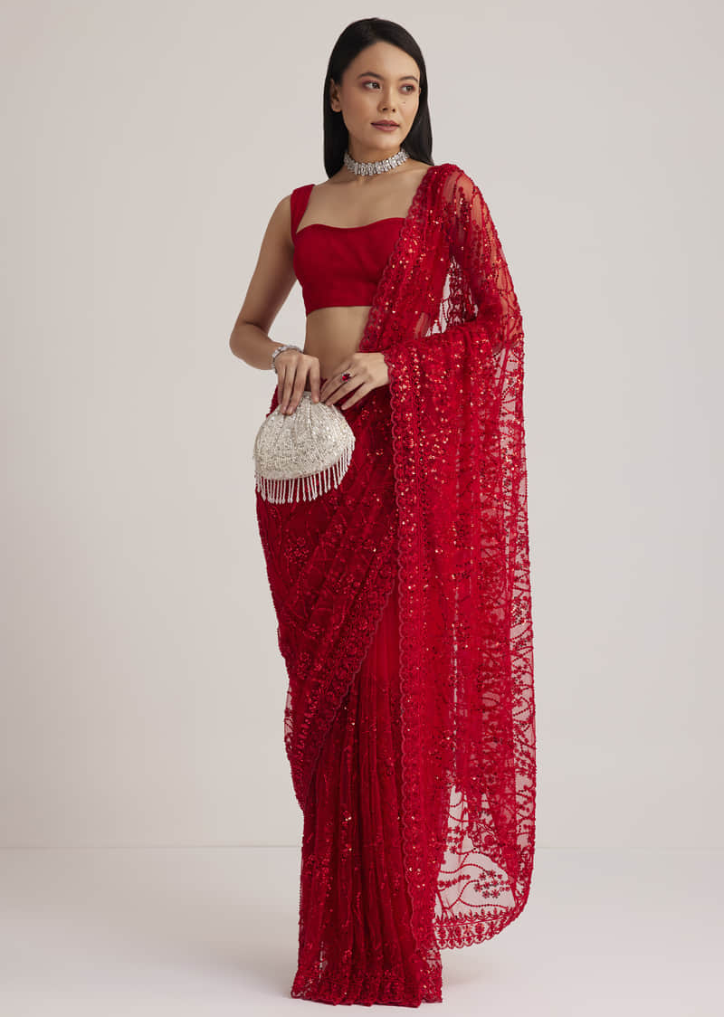 Buy Red Net Saree With Sequins And Stone Detailing