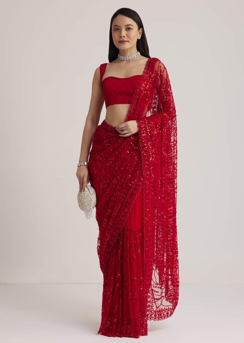 Buy Red Net Saree With Sequins And Stone Detailing