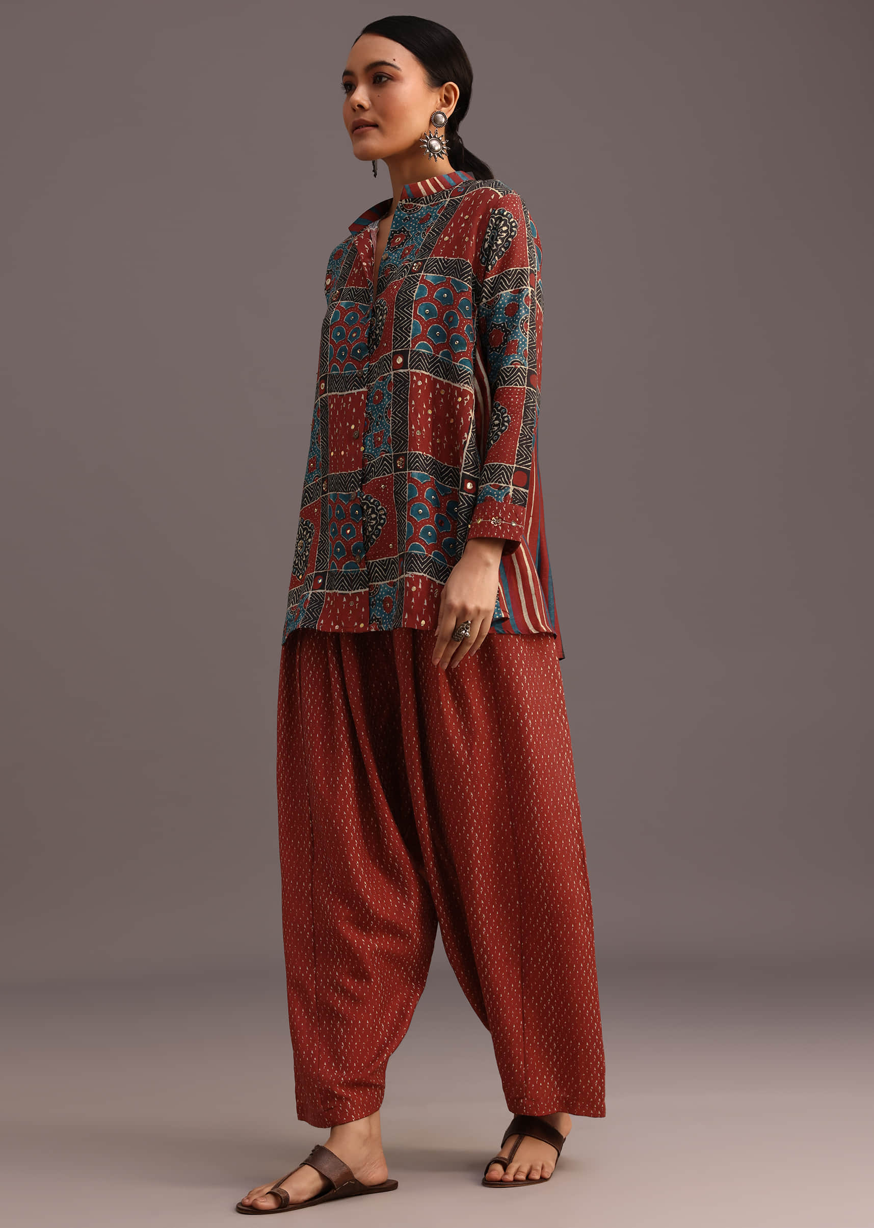 Buy Red Ajrakh Printed Shirt Salwar Set With Embroidery