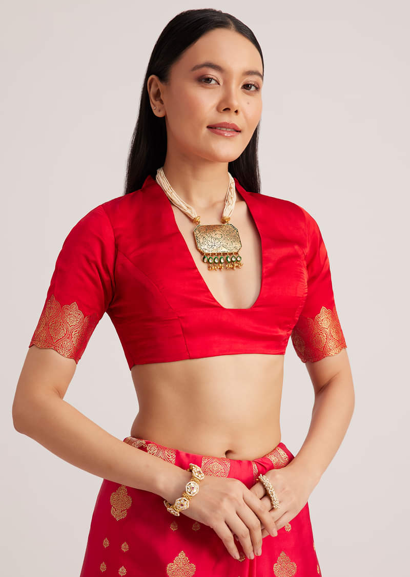 Buy Red Satin Silk Butti Woven Saree With Scallop Brocade Border | KALKI Fashion Global