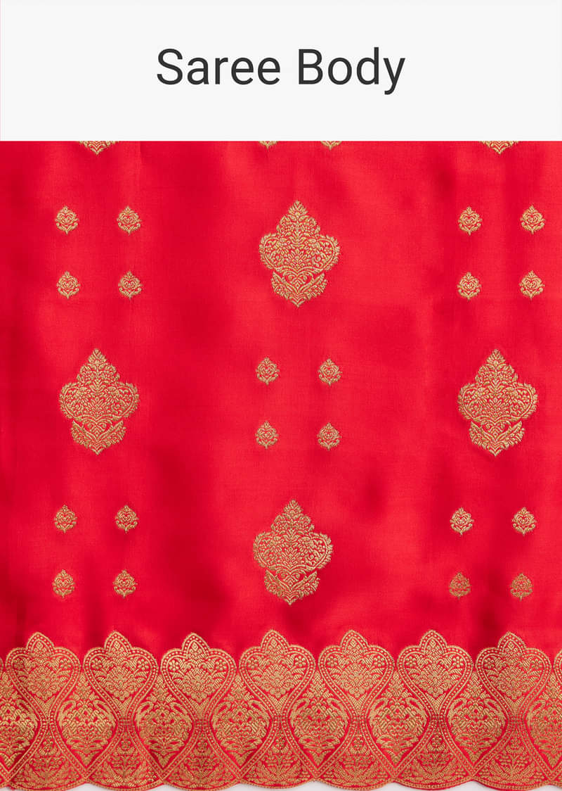 Buy Red Satin Silk Butti Woven Saree With Scallop Brocade Border | KALKI Fashion India