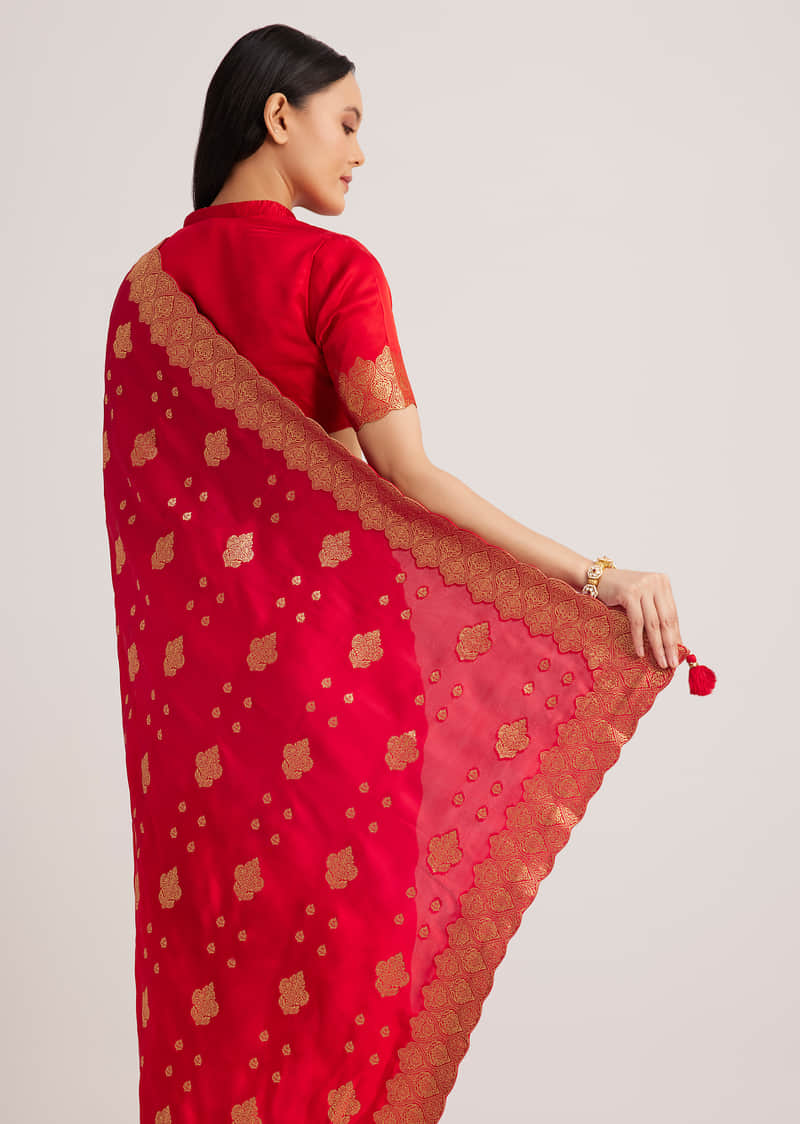 Buy Red Satin Silk Butti Woven Saree With Scallop Brocade Border | KALKI Fashion Global