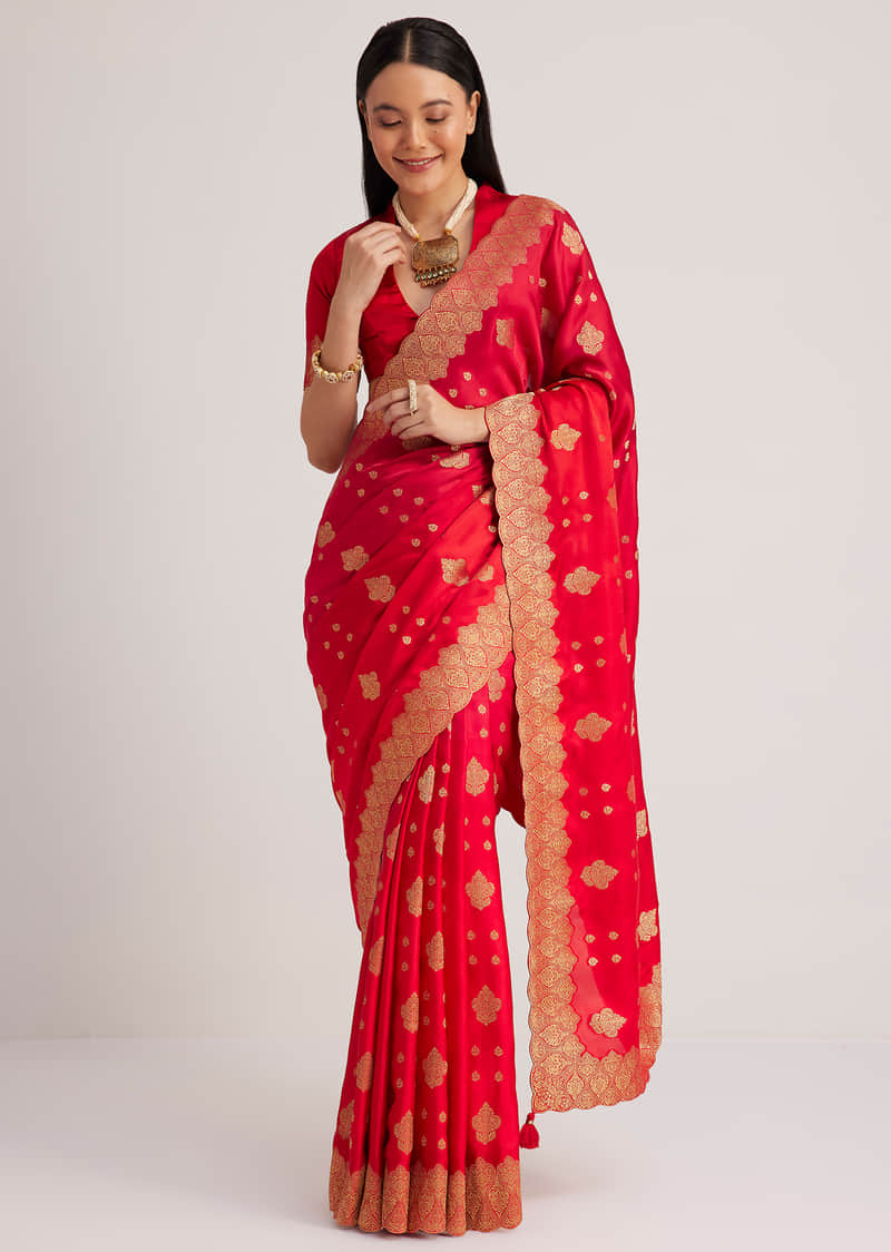 Buy Red Satin Silk Butti Woven Saree With Scallop Brocade Border | KALKI Fashion India