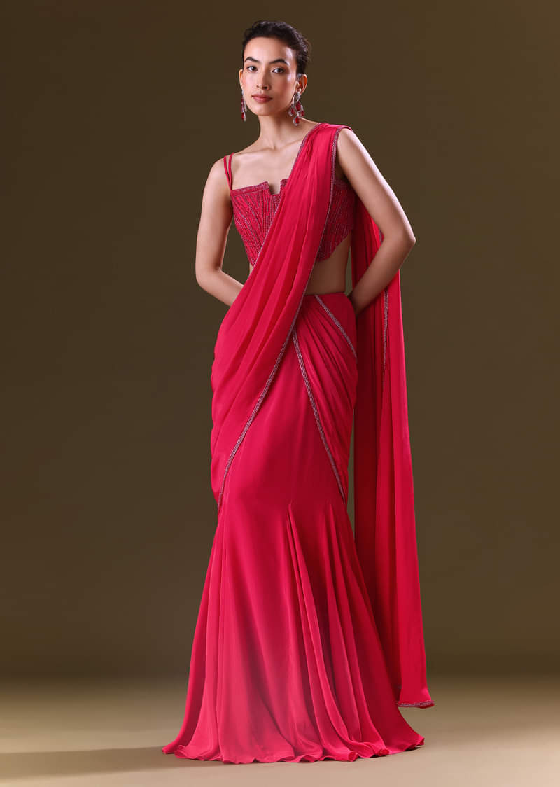 Buy Reddish Pink Pre Stitched Draped Saree With Corset Fit Embroidered ...