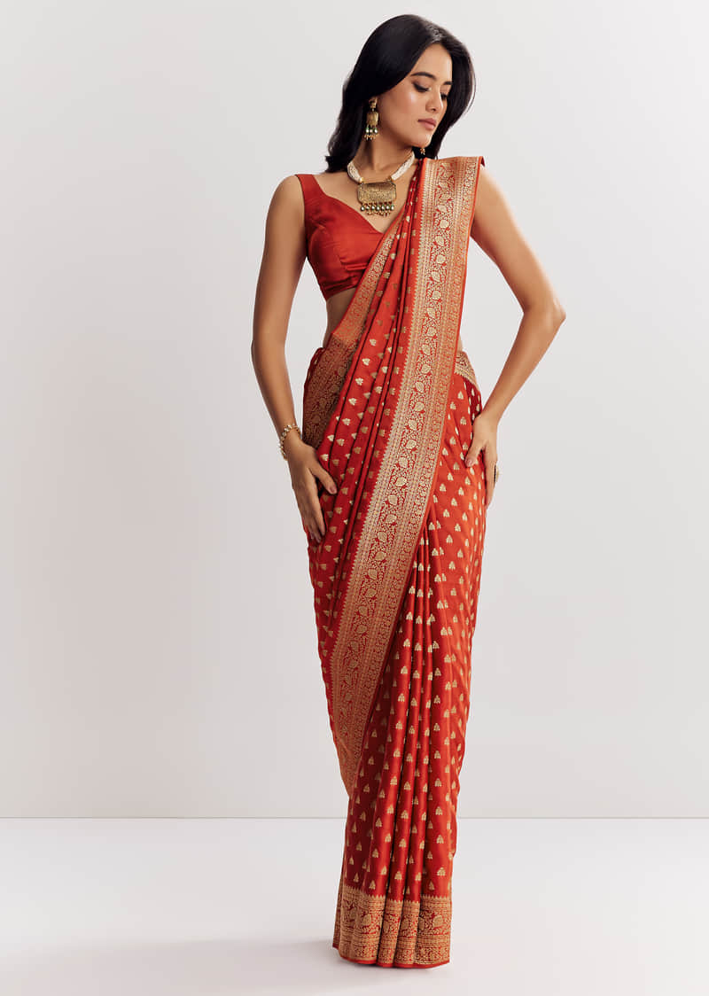 Buy Rust Orange Dola Silk Saree With Butti And Woven Border