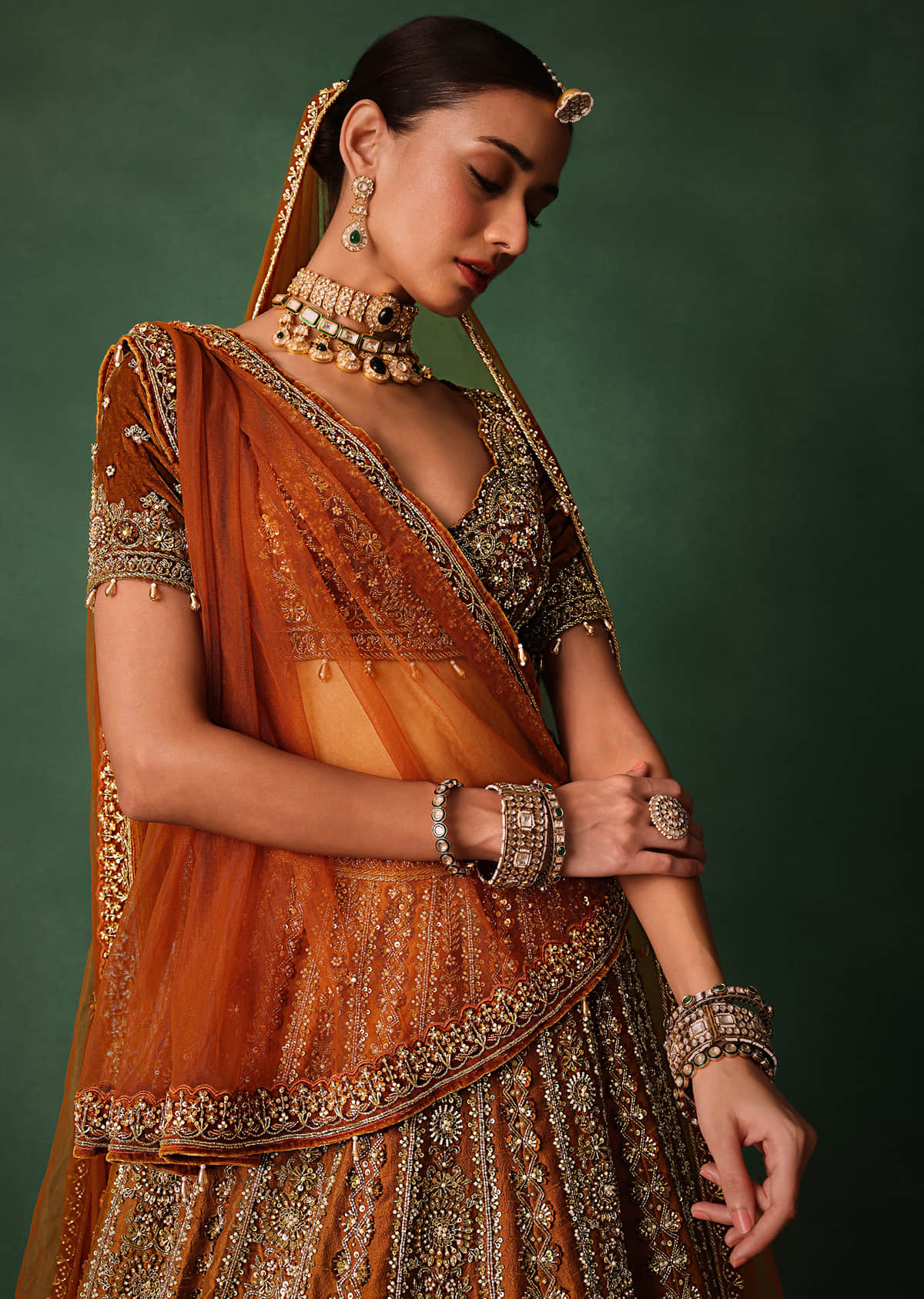 Buy Rust Embroidered Bridal Lehenga With Deep Neckline Blouse And Dupatta