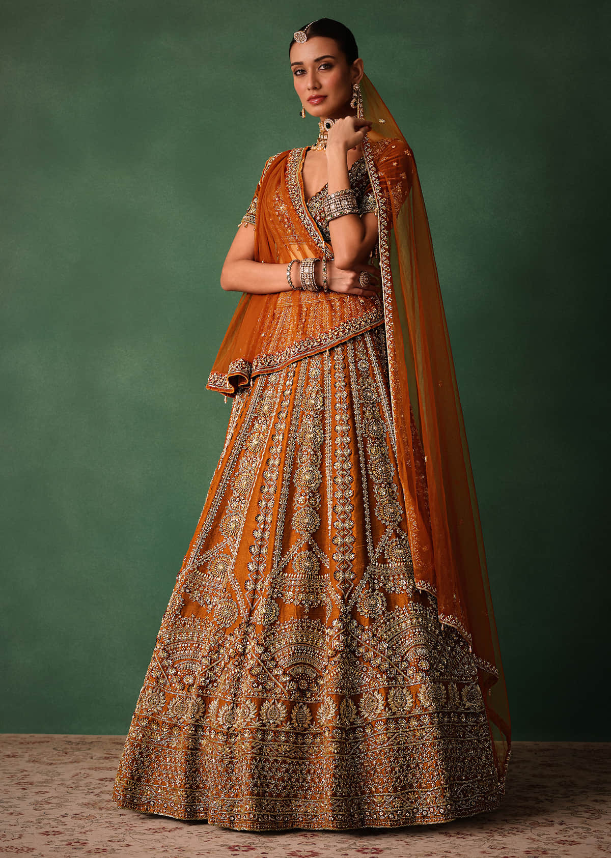 Buy Rust Embroidered Bridal Lehenga With Deep Neckline Blouse And Dupatta