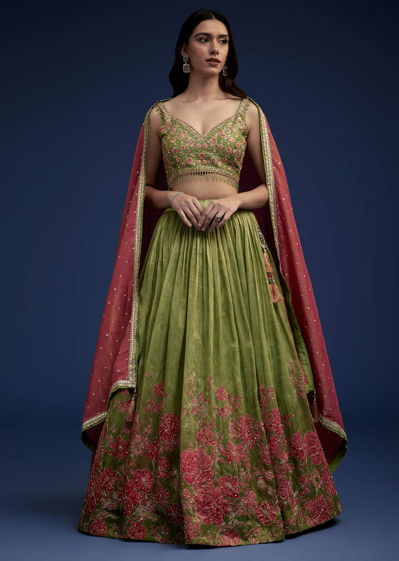 Buy Rust Green Embroidered Lehenga Choli Set With Dupatta