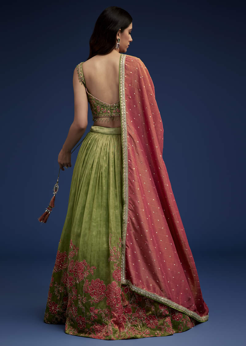 Buy Rust Green Embroidered Lehenga Choli Set With Dupatta