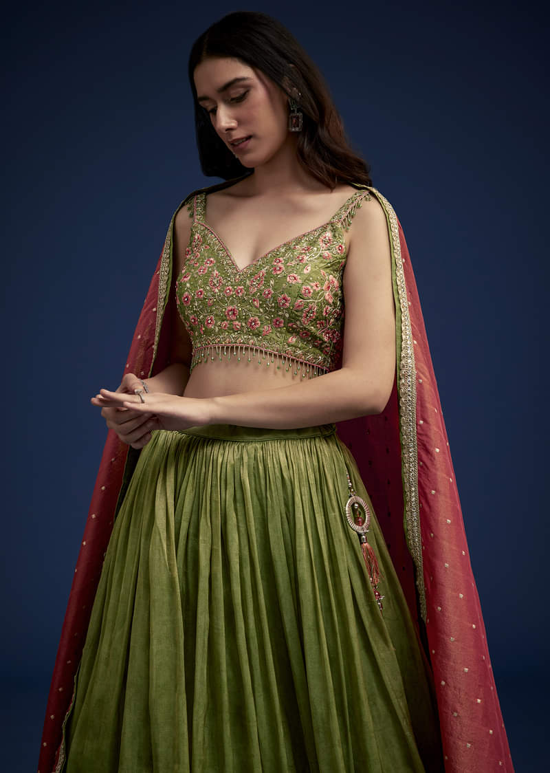 Buy Rust Green Embroidered Lehenga Choli Set With Dupatta