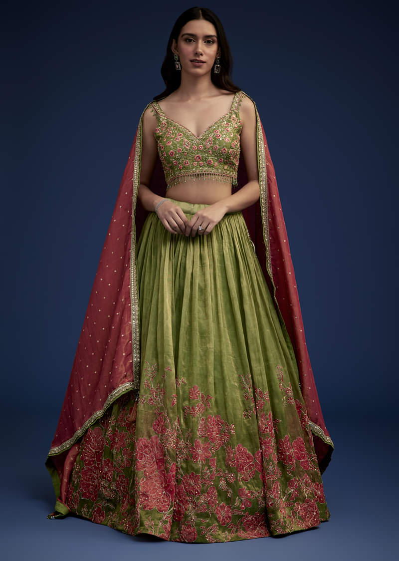Buy Rust Green Embroidered Lehenga Choli Set With Dupatta