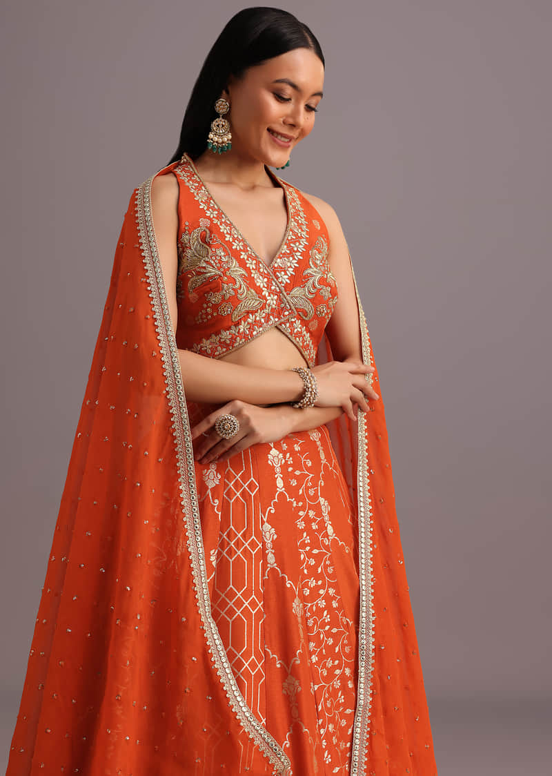 Buy Rust Hand Embroidered Choli With Banarasi Weave Lehenga And Gotta ...