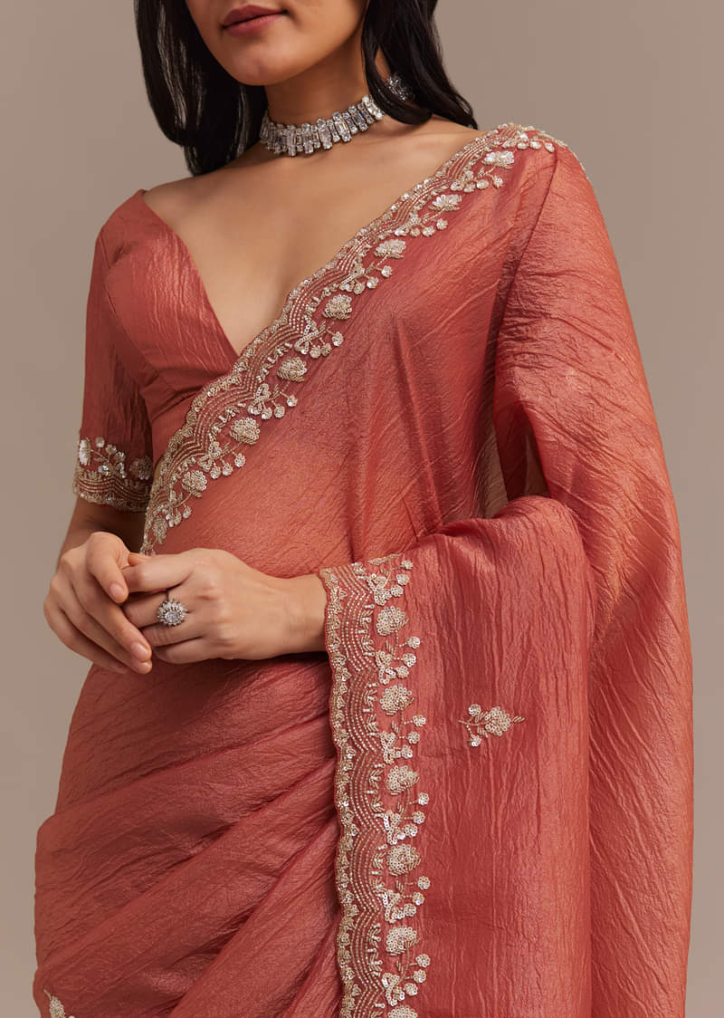 Buy Rust Orange Crushed Tissue Saree With Cutdana Beads And Sequins ...