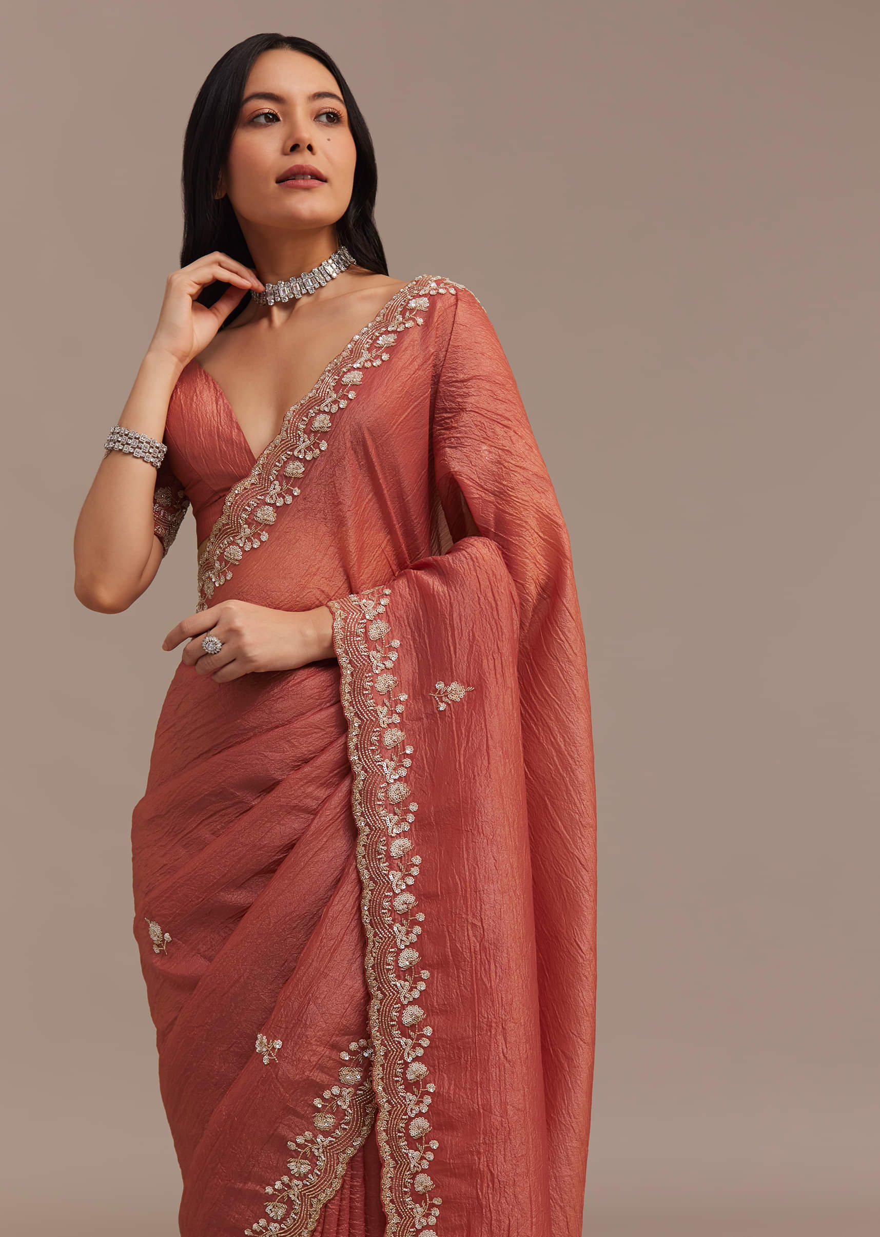 Buy Rust Orange Crushed Tissue Saree With Cutdana Beads And Sequins ...