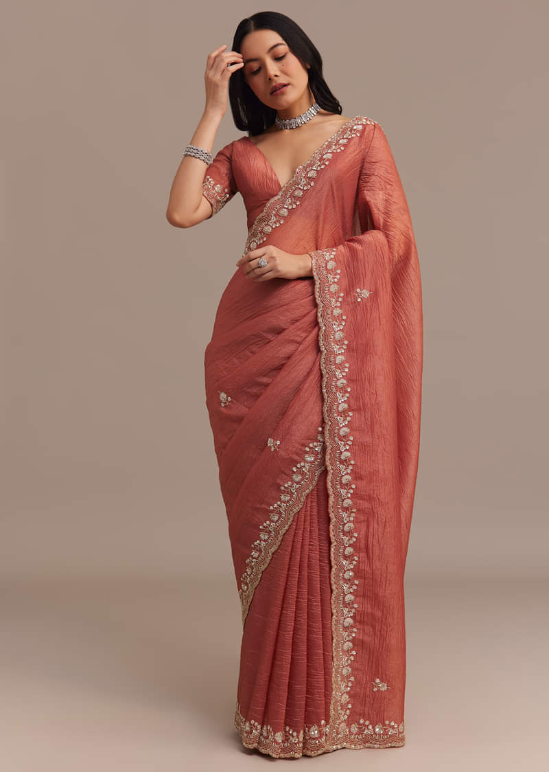 Buy Rust Orange Crushed Tissue Saree With Cutdana Beads And Sequins ...