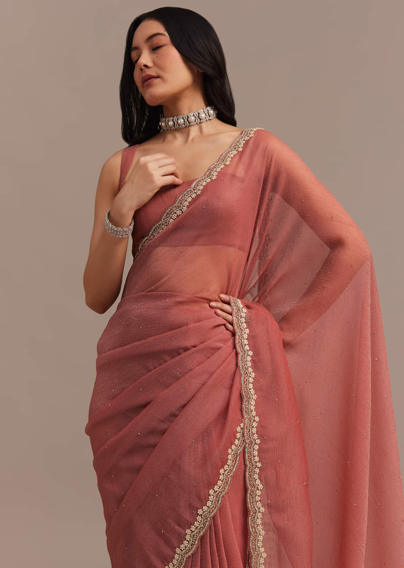 Buy Rust Orange Crushed Tissue Saree With Stone And Cutdana Embellished ...