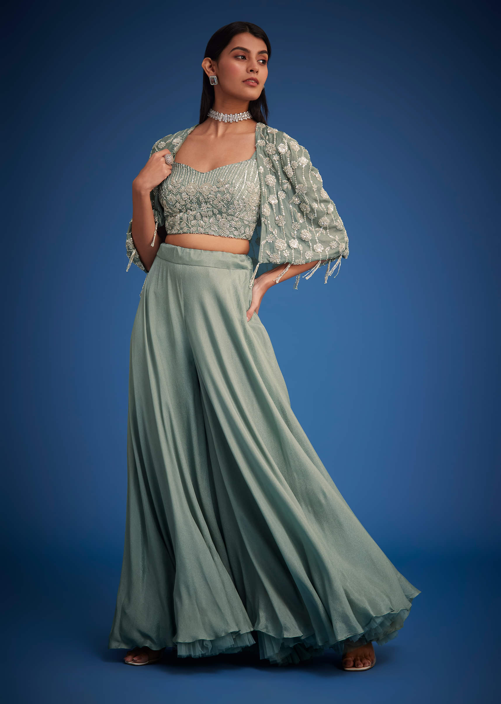 Buy Sage Green Georgette Embroidered Cape Palazzo Set | KALKI Fashion India
