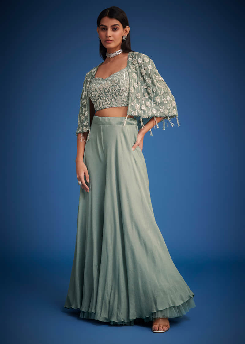 Buy Sage Green Georgette Embroidered Cape Palazzo Set | KALKI Fashion India