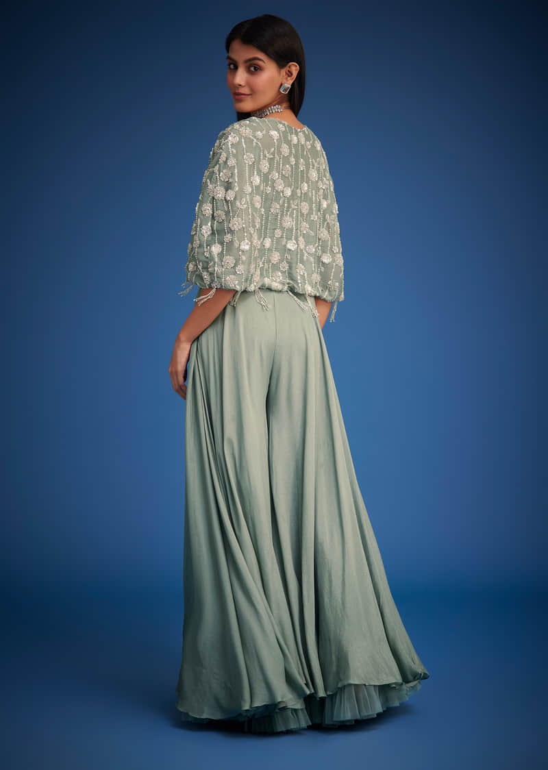 Buy Sage Green Georgette Embroidered Cape Palazzo Set | KALKI Fashion India