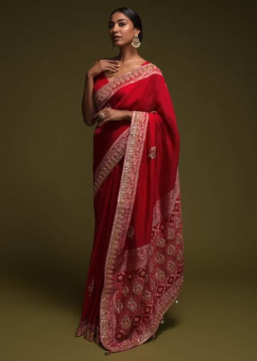 Buy Scarlet Red Saree In Georgette With Woven Butts And Bandhani Online - Kalki Fashion