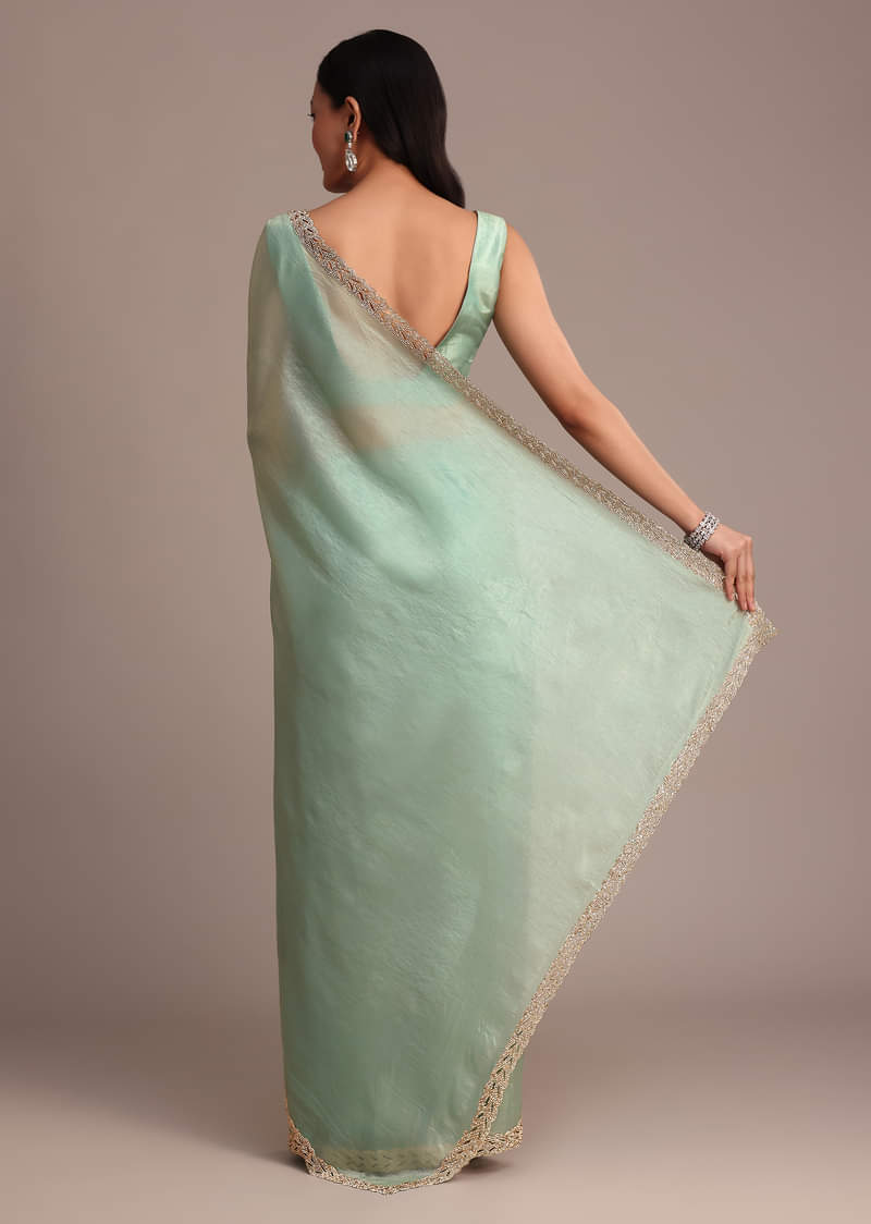 Buy Sea Green Crushed Tissue Saree With Stone Embellished Border