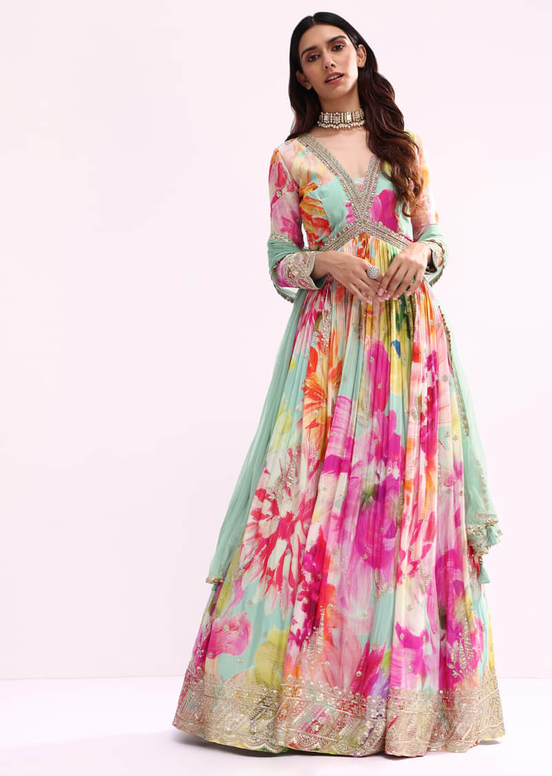 Buy Sea Green Embroidered Chiffon Anarkali Set