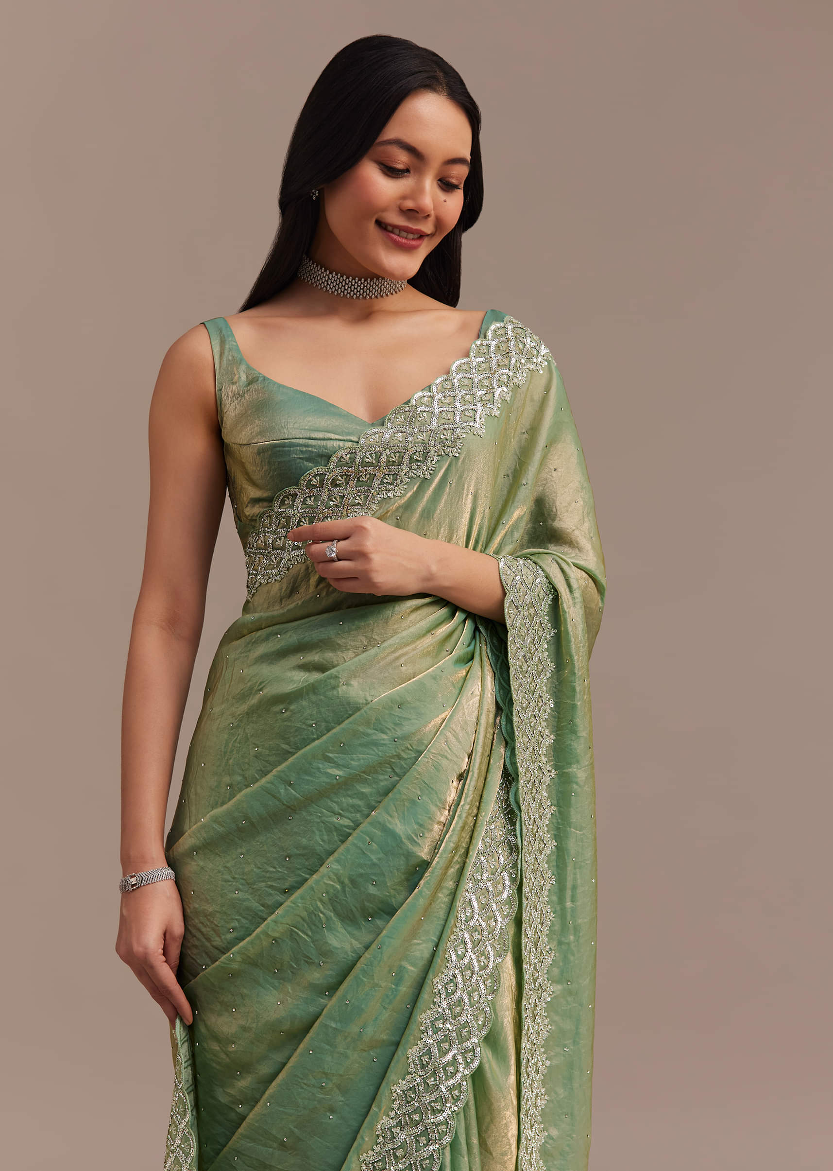 Buy Sea Green Glass Tissue Saree With Cutdana And Stone Embroidery