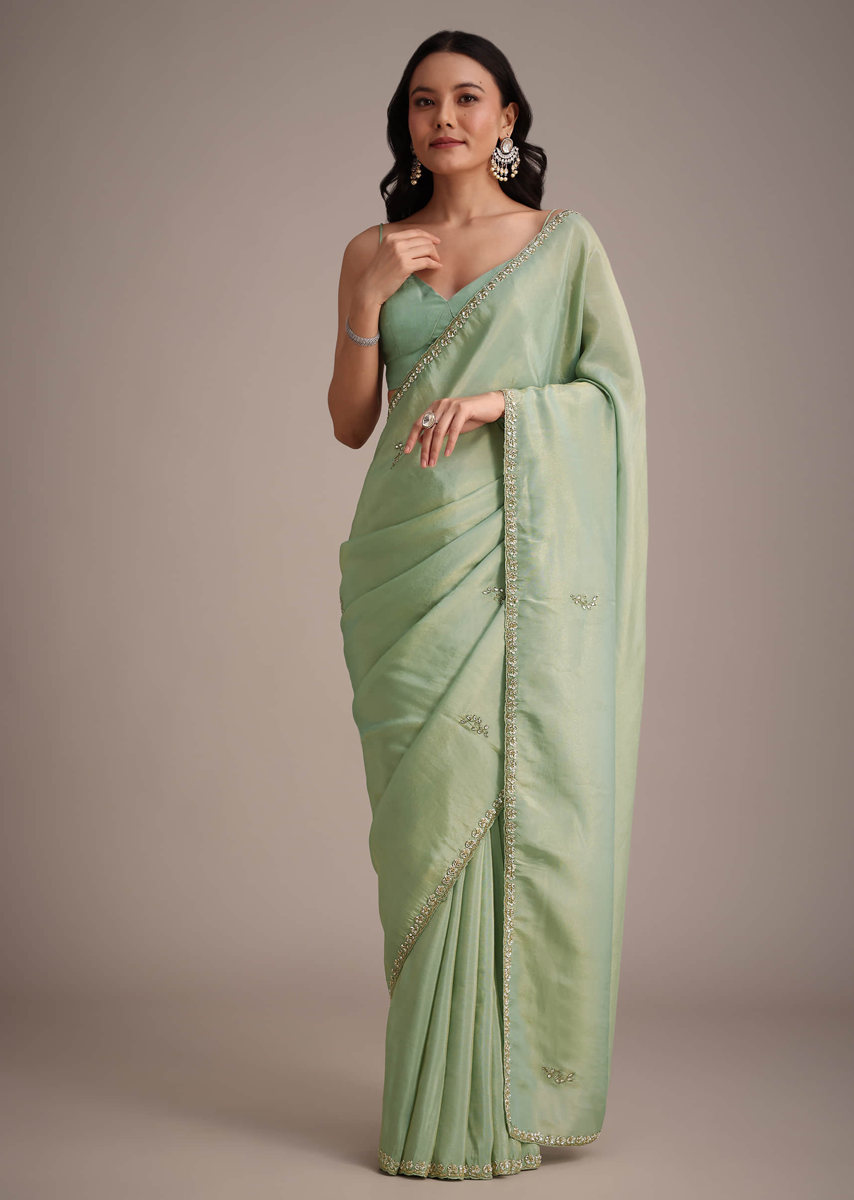 Buy Sea Green Tissue Saree With Cutdana Embellished Border | KALKI ...