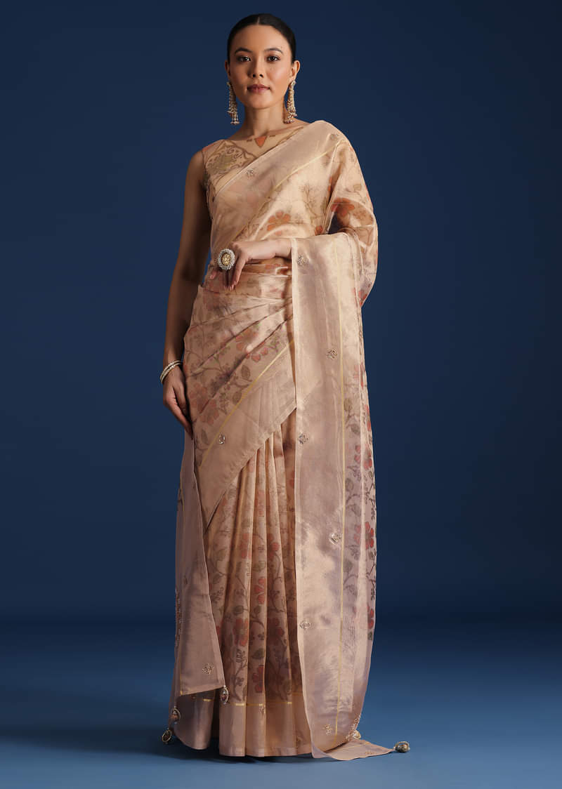 Buy Beige Tissue Chanderi Floral Print Saree with Zardosi Work