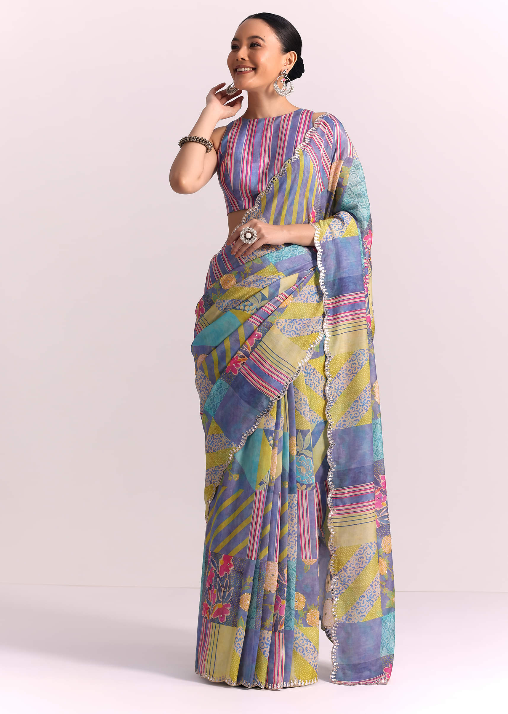 Buy Blue Shaded Printed Saree with Mirror Work Border | KALKI Fashion India