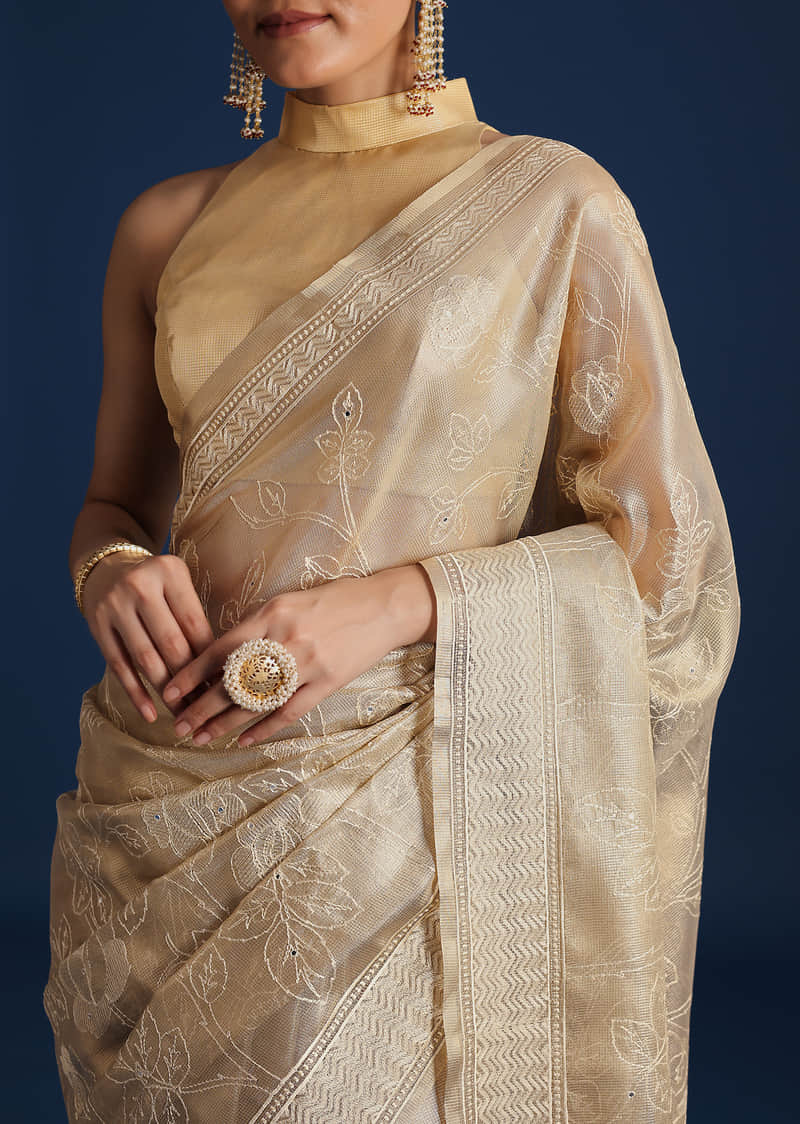 Buy Gold Tissue Silk Woven Saree with Floral Resham Thread Work | KALKI Fashion India
